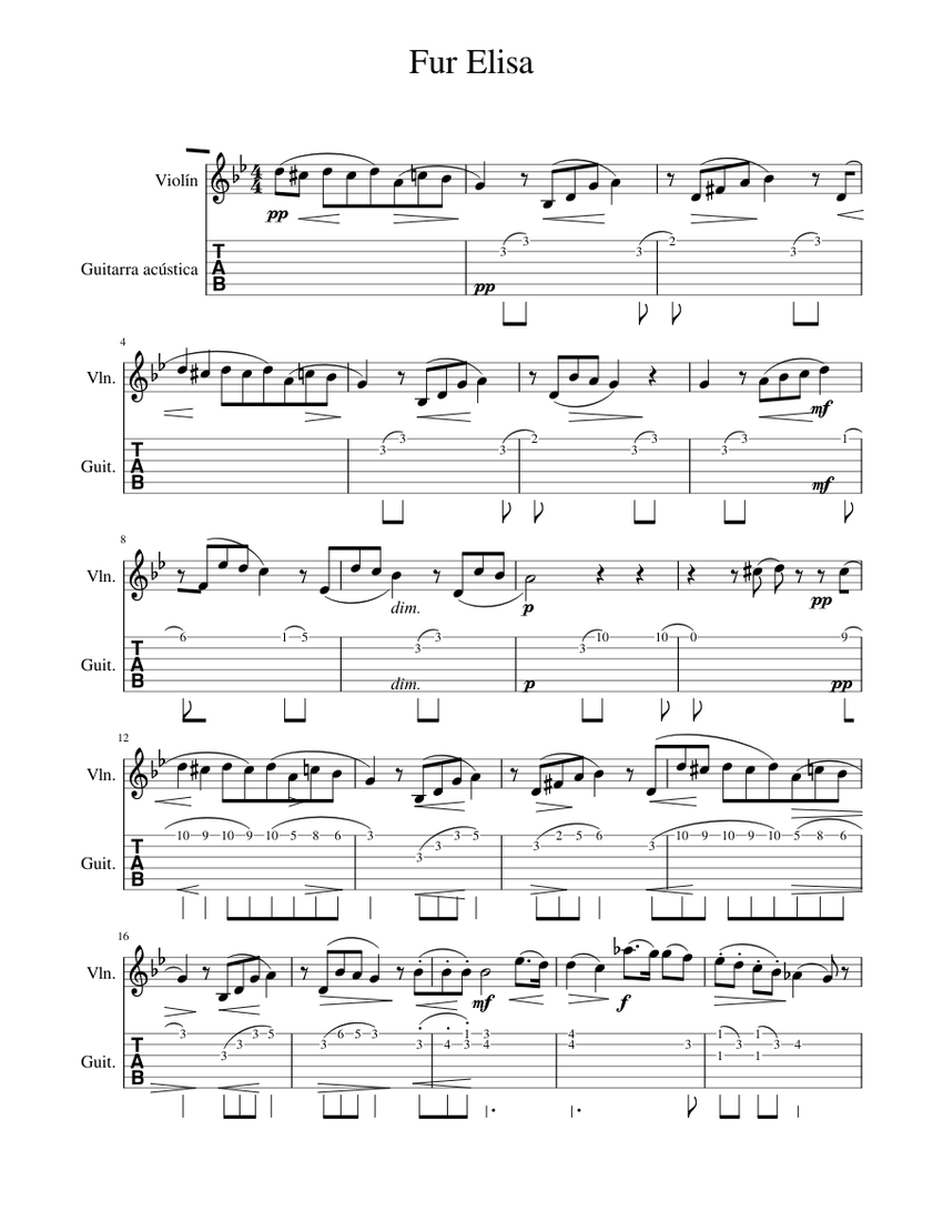 Fur Elisa Sheet music for Violin, Guitar (Mixed Duet) | Musescore.com