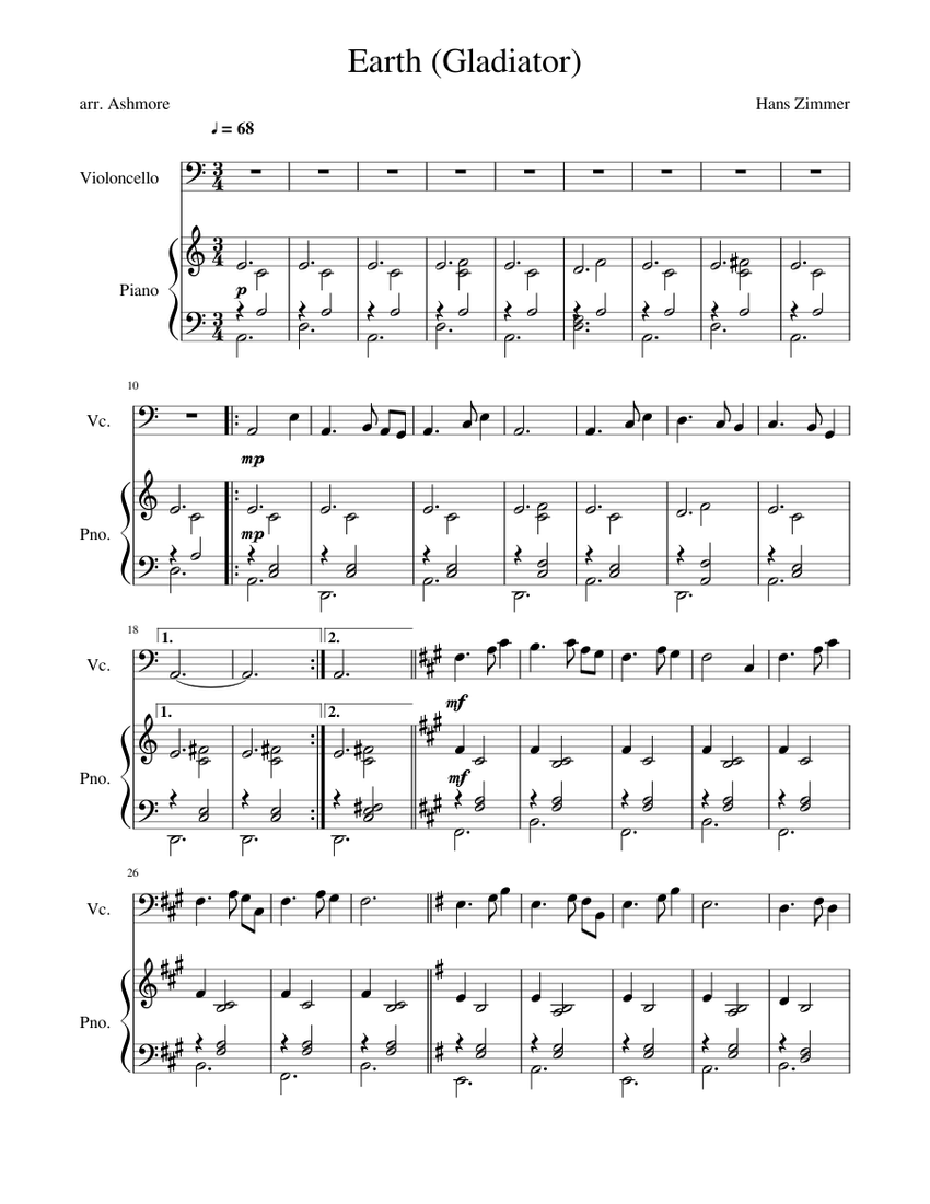 'Earth' from the motion picture Gladiator Sheet music for Piano, Cello | Download free in PDF or ...