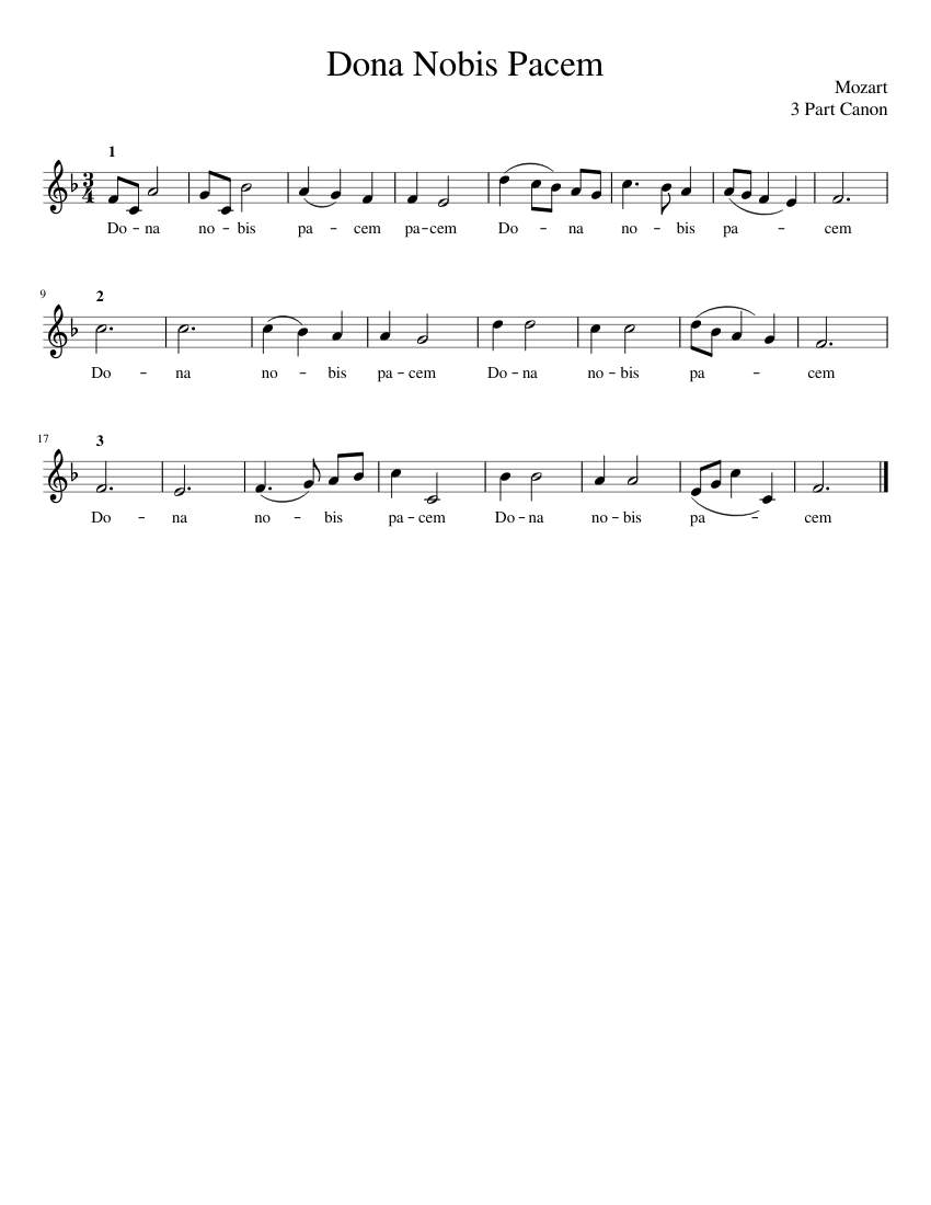 Dona Nobis Pacem (round, 3 parts) (written on one line) Sheet music for ...