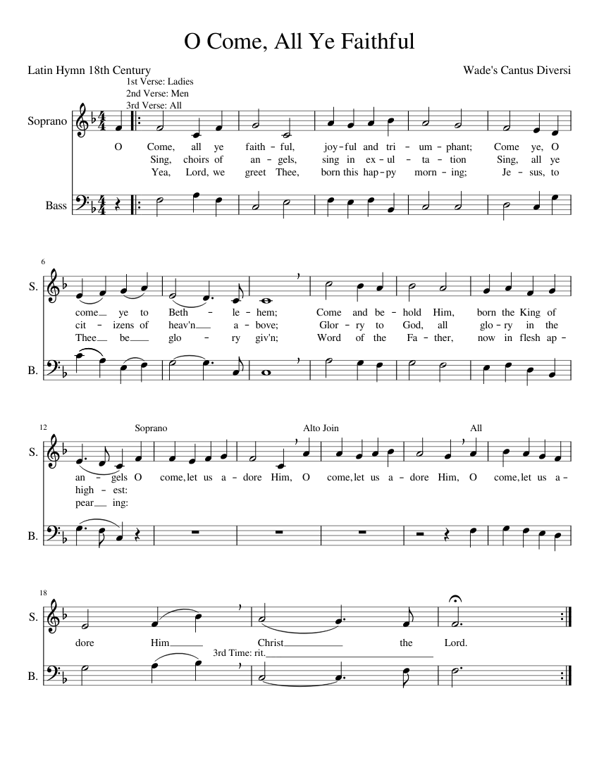 O Come, All Ye Faithful Sheet music for Soprano, Bass (Choral ...