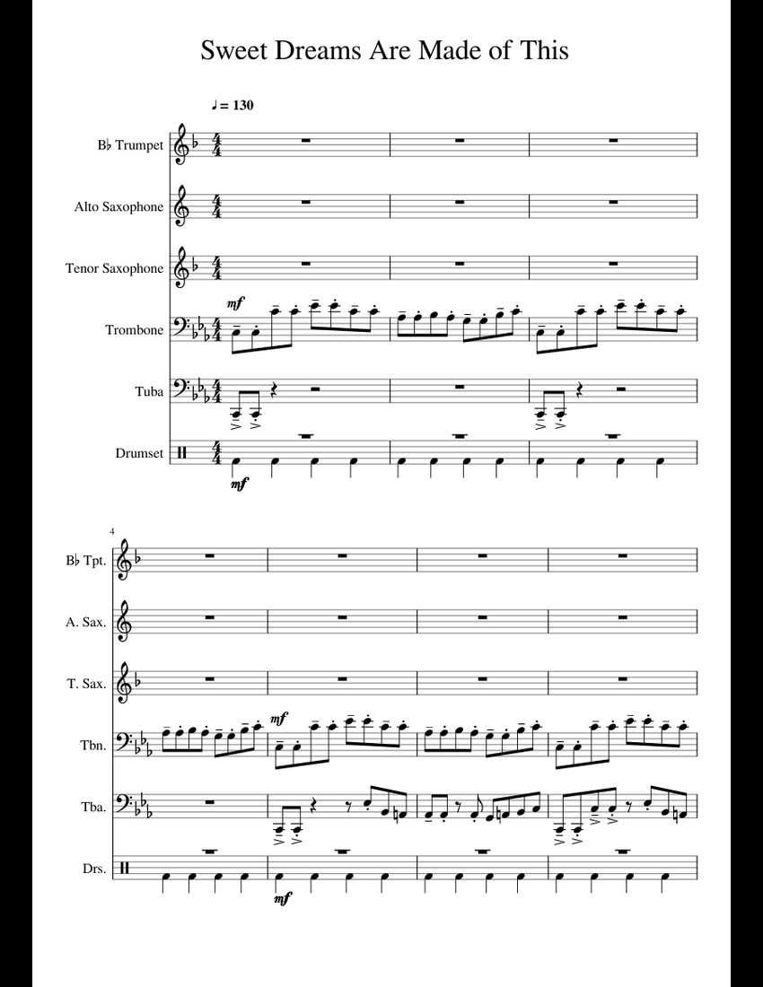 Sweet Dreams Are Made of This sheet music for Trumpet, Alto Saxophone ...