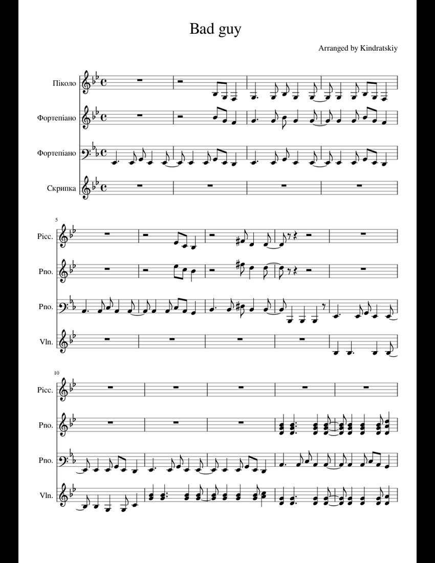 Bad guy sheet music for Piano, Violin, Piccolo download free in PDF or MIDI
