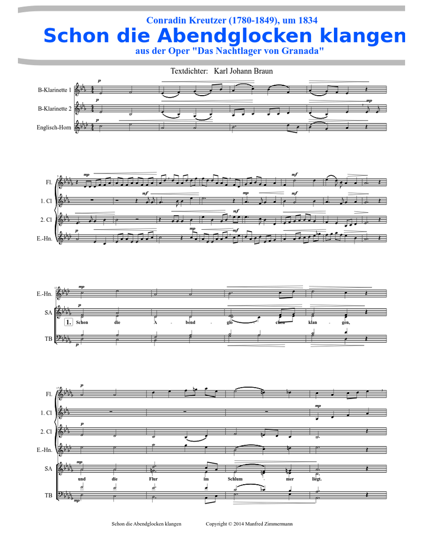 Schon die Abendglocken klangen Sheet music for Flute, Clarinet, Voice ...