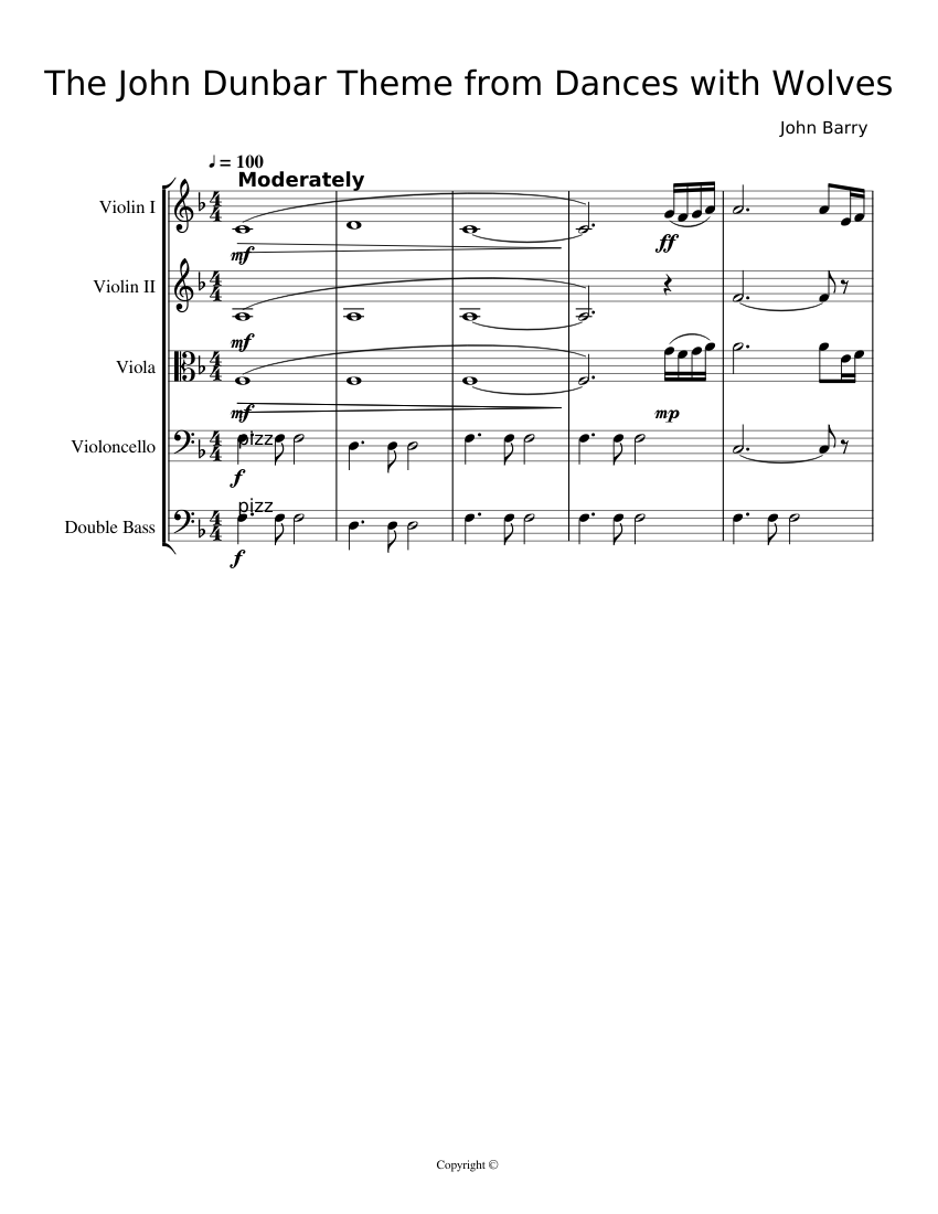 John Dunbar Theme sheet music for Violin, Viola, Cello, Contrabass download free in PDF or MIDI