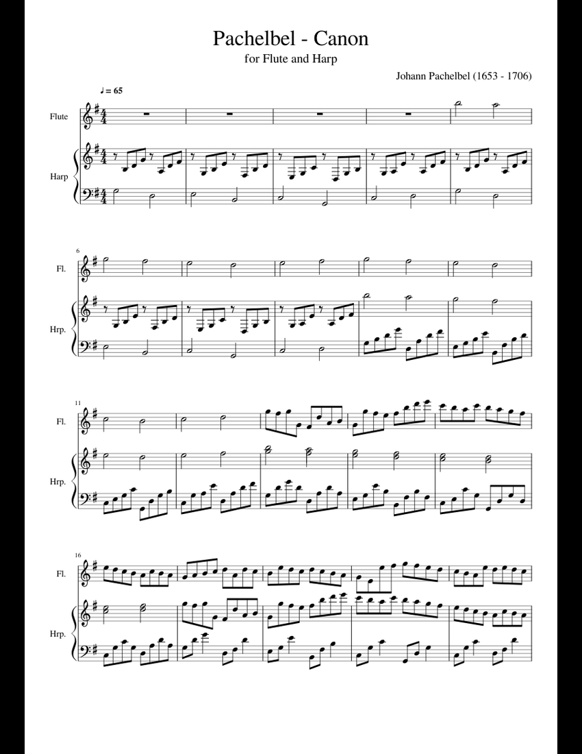 Pachelbel - Canon sheet music for Flute, Harp download free in PDF or MIDI