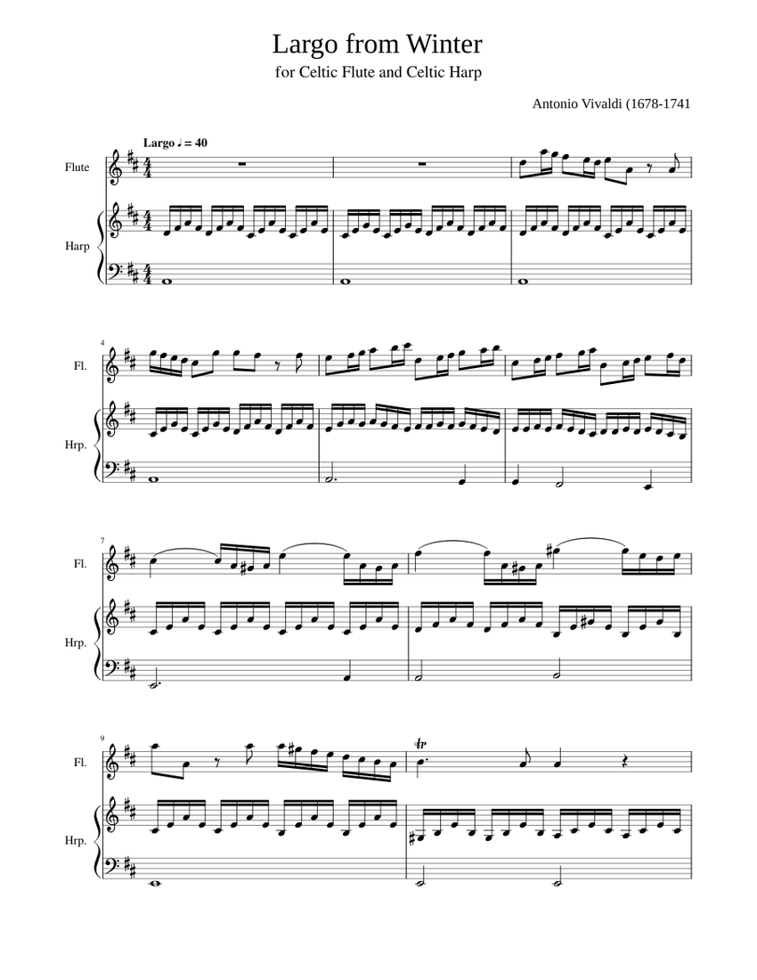 Vivaldi - Largo from Winter, for Celtic Flute and Celtic Harp Sheet ...