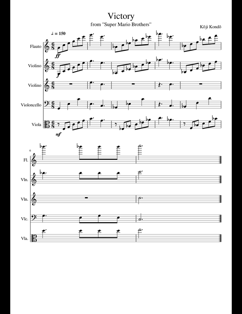 Super Mario Bros Victory sheet music for Flute, Violin, Cello, Viola ...