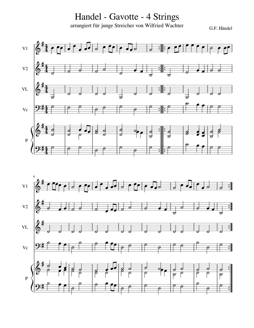 Handel - Gavotte - 4 Strings Sheet music for Violin, Piano, Strings ...