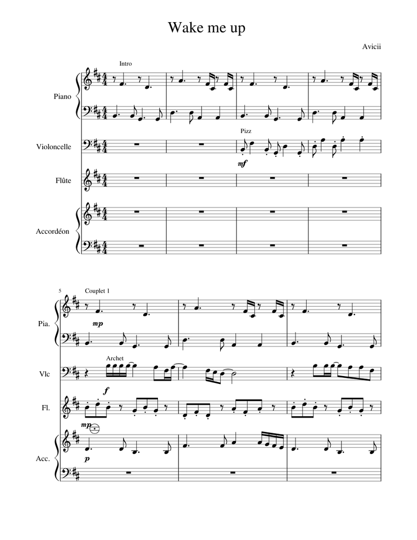 Wake me up Sheet music for Piano, Flute, Cello, Accordion | Download ...
