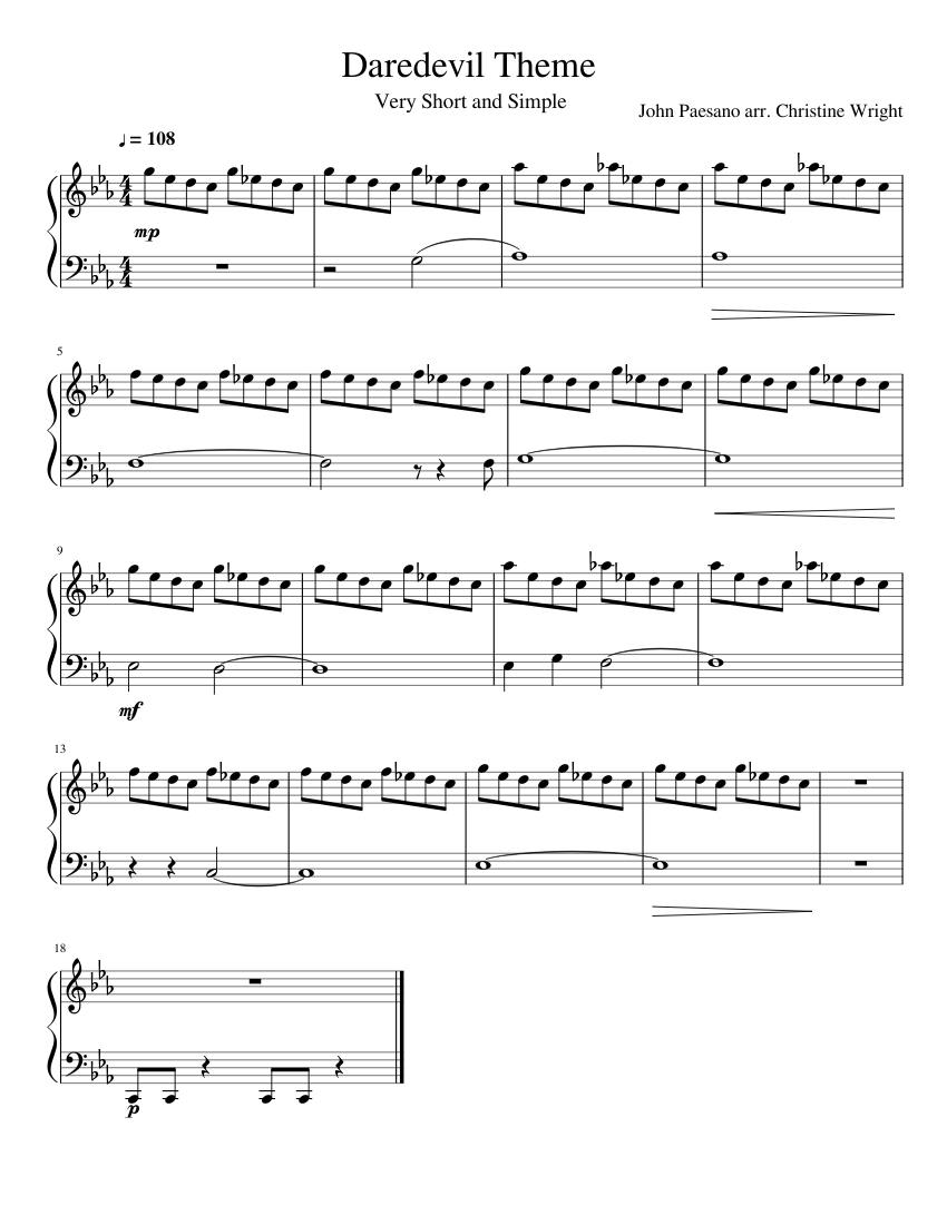 Daredevil Theme- Easy Piano sheet music for Piano download free in PDF ...