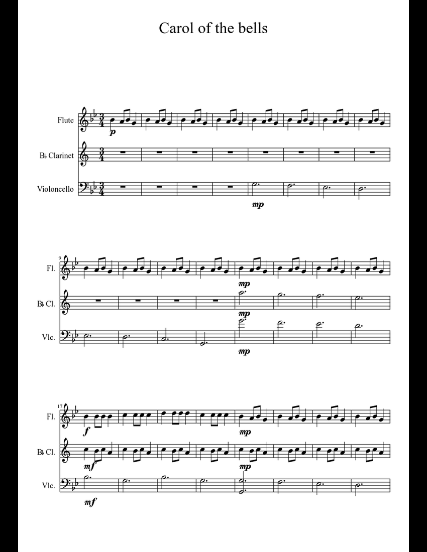 Carol of the Bells sheet music for Flute, Clarinet, Cello download free ...