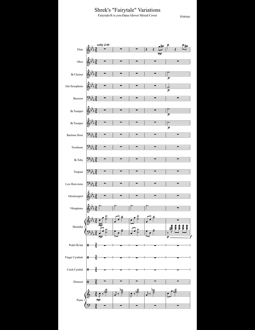 Shrek's "Fairytale" Variations sheet music for Flute, Clarinet, Piano ...