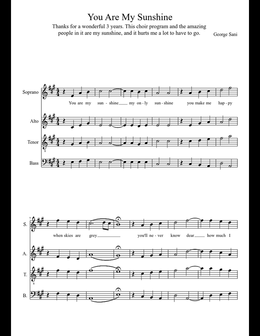 You Are My Sunshine SATB sheet music for Voice, Percussion download ...