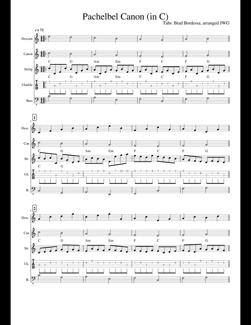 Pachelbel Canon in C Single Tab Winds sheet music for Oboe, Recorder ...
