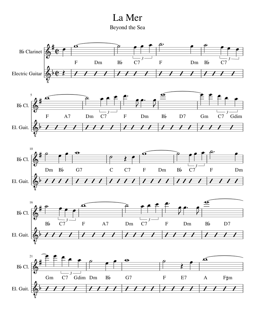 La Mer Sheet music for Clarinet (In B Flat), Guitar (Mixed Duet ...
