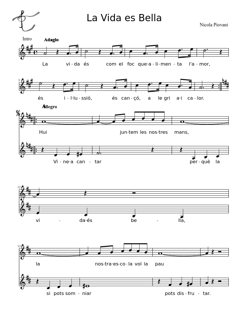 La Vida es Bella Sheet music | Musescore.com