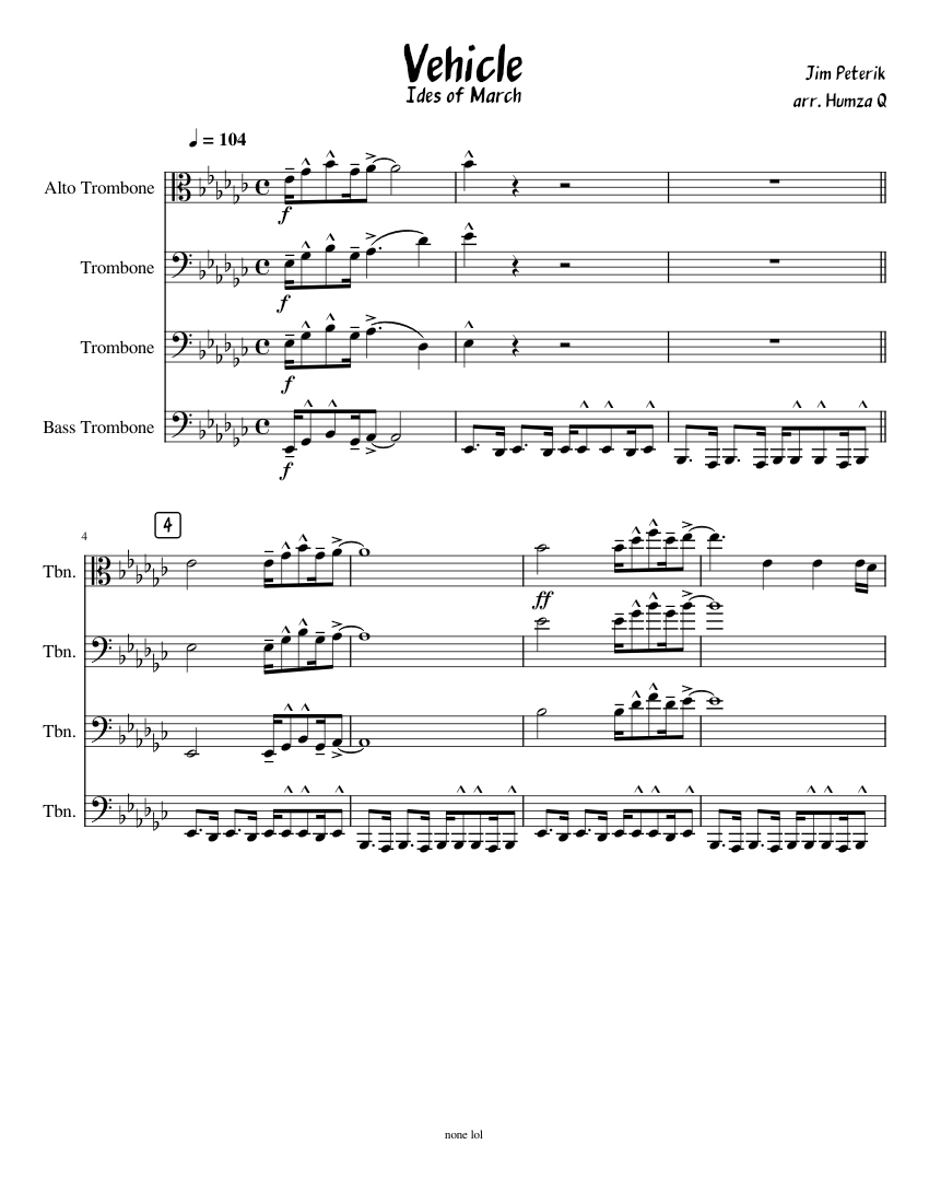Vehicle Sheet music for Trombone (Brass Quartet) | Musescore.com