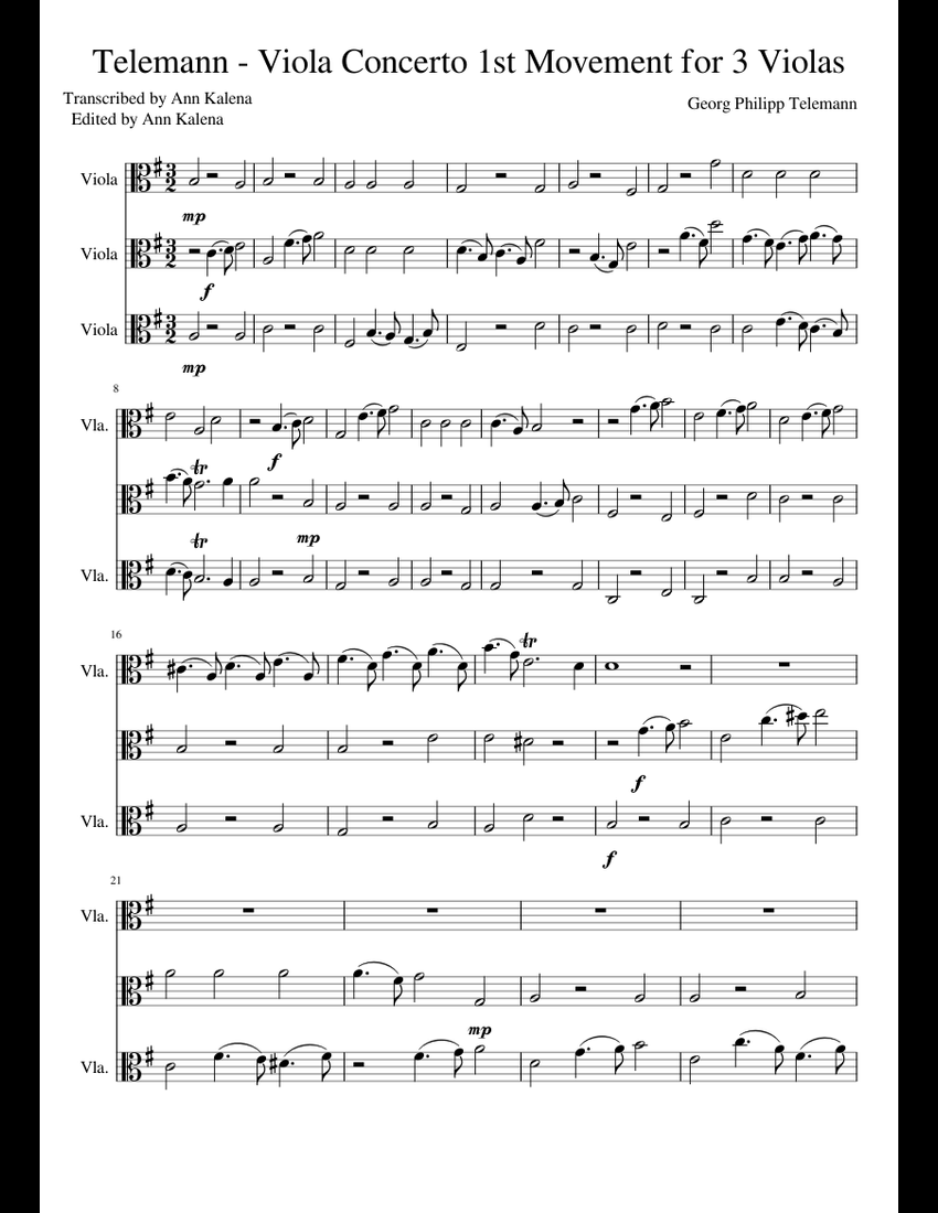 Telemann Viola Concerto 1st Movement for 3 Violas (INCOMPLETE) sheet ...