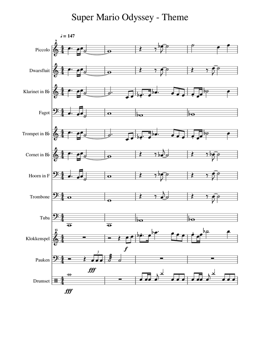 Super Mario Odyssey Theme Sheet music for Flute, Clarinet, Piccolo ...