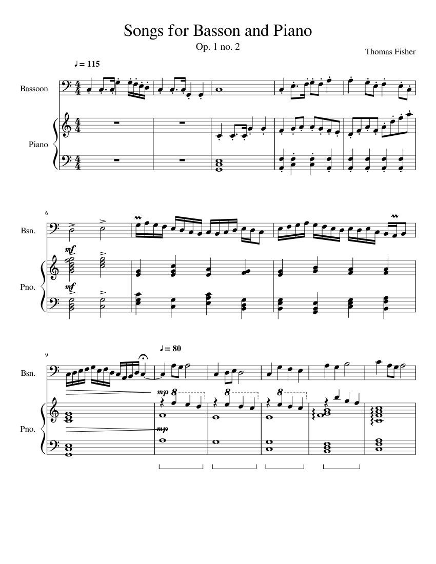 Songs For Bassoon and Piano Op. 1 no. 2 sheet music for Piano, Bassoon ...