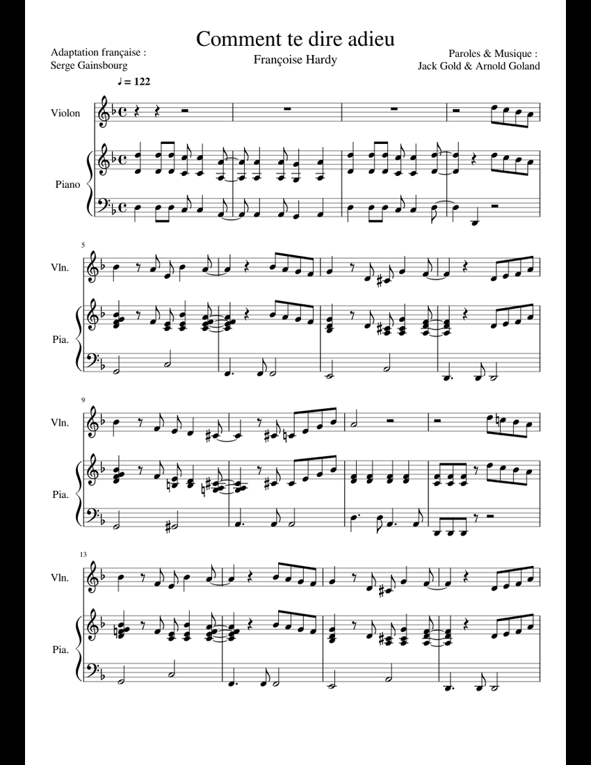 Comment te dire adieu sheet music for Violin, Piano download free in ...