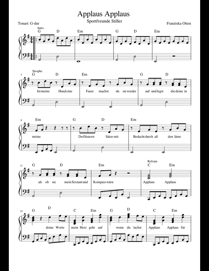 Applaus Applaus - Sportfreunde Stiller sheet music for Piano download ...