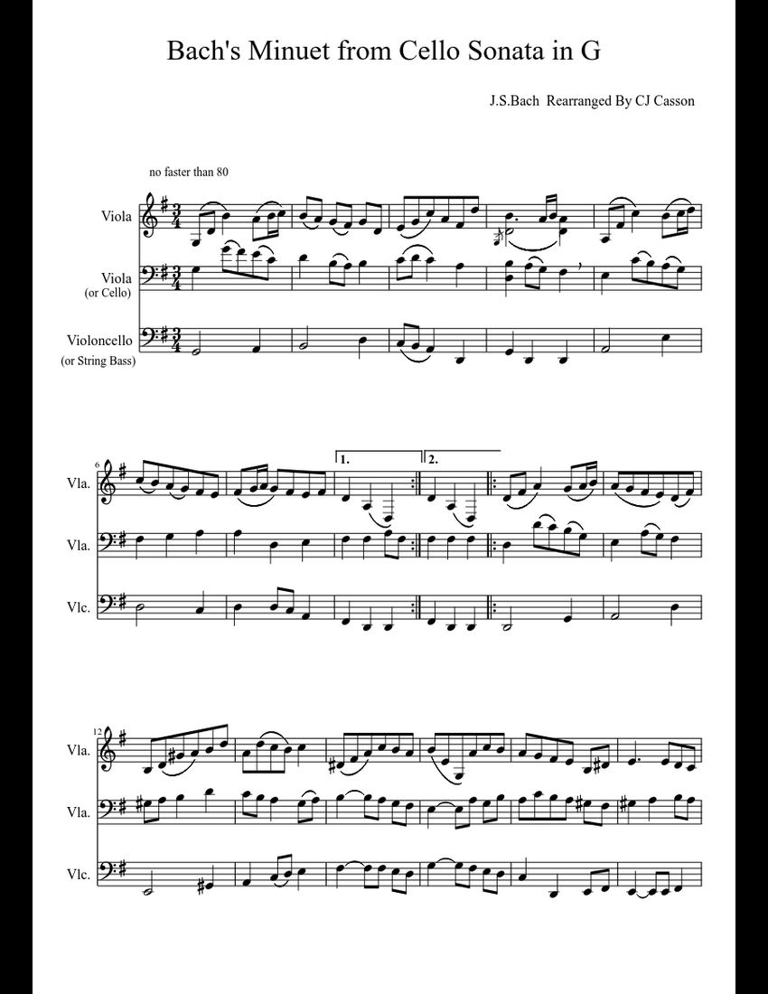 Bach's Minuet from Cello Sonata BY CJ Casson sheet music for Viola ...