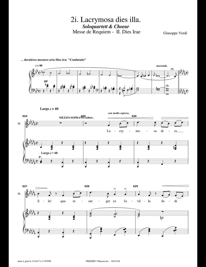 Verdi Requiem 2i Lacrymosa sheet music for Piano, Voice download free ...