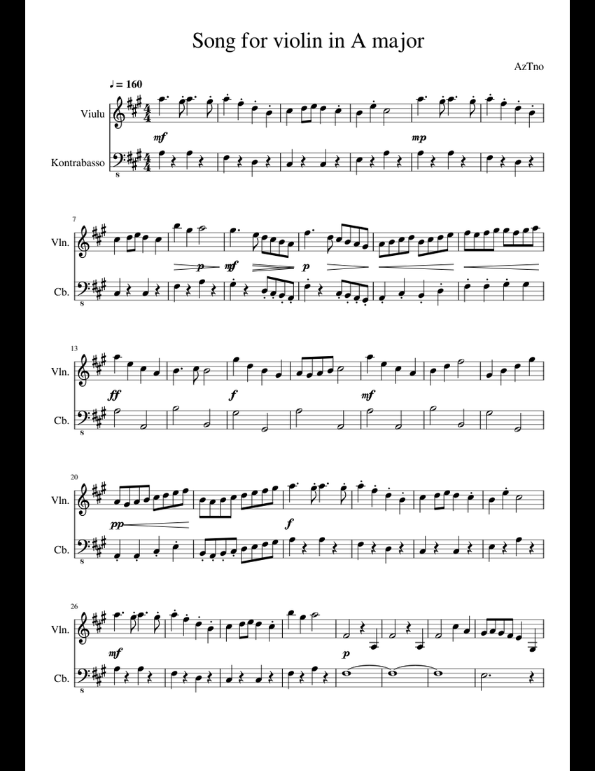 Violin song in A major sheet music for Violin, Contrabass download free ...