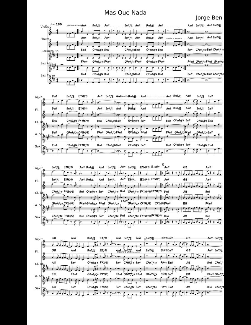 Mas Que Nada sheet music for Flute, Clarinet, Guitar, Alto Saxophone ...
