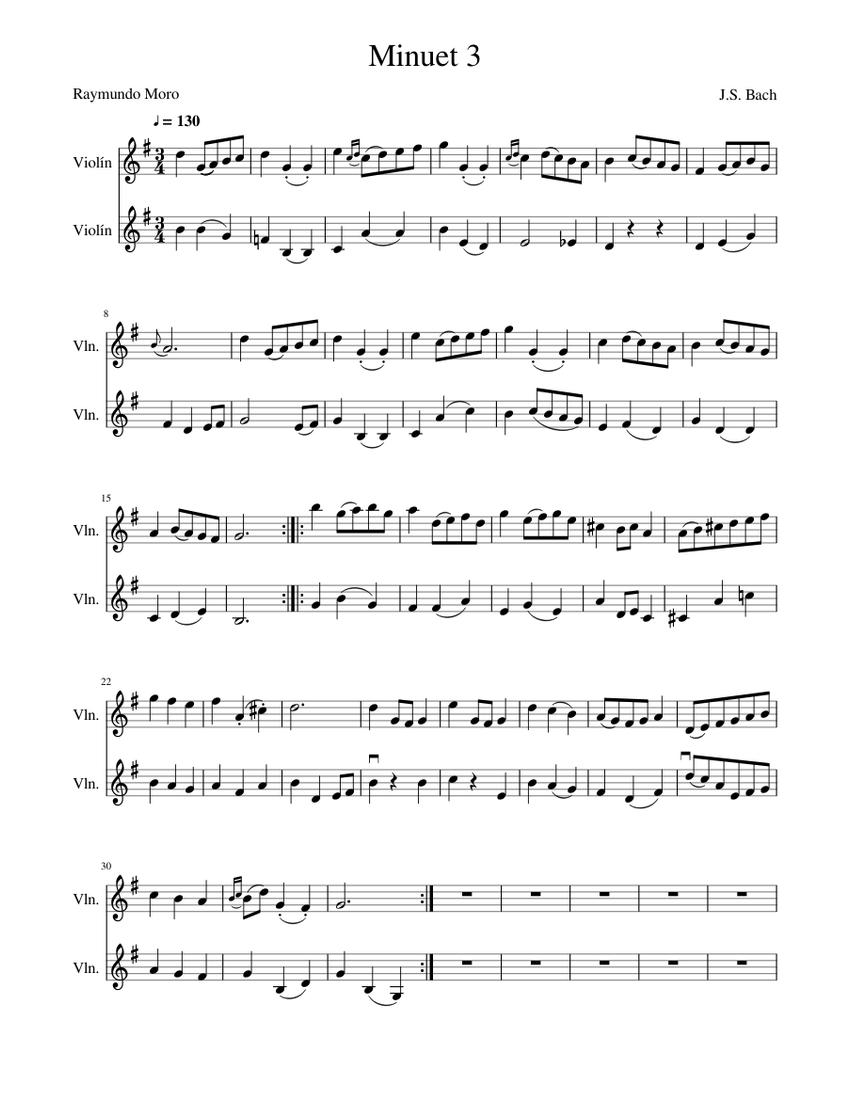 Minuet 3 - Bach Sheet music for Violin | Download free in PDF or MIDI | Musescore.com