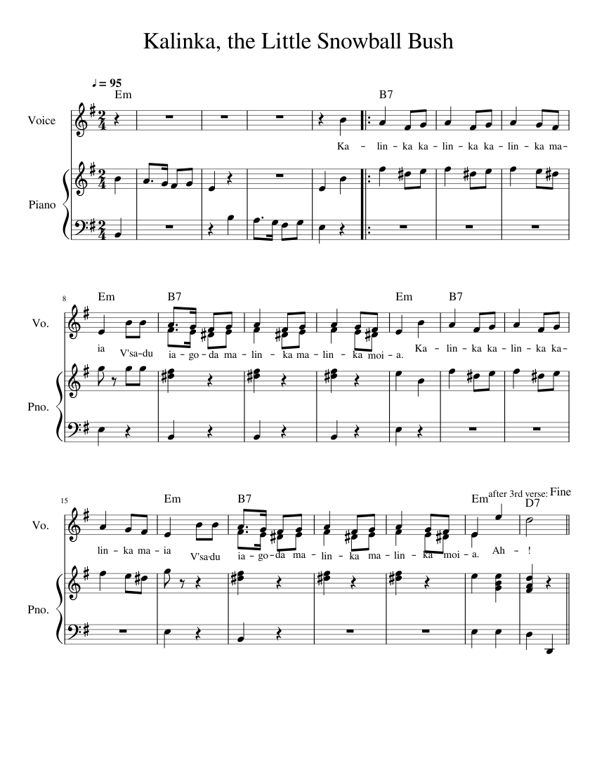 Kalinka, the Little Snowball Bush Sheet music for Piano, Voice ...