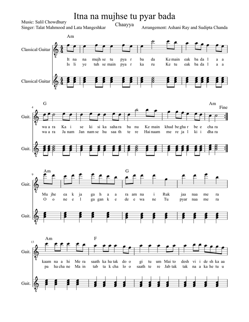 Itna na mujhse tu pyar badha Sheet music for Guitar | Download free in ...