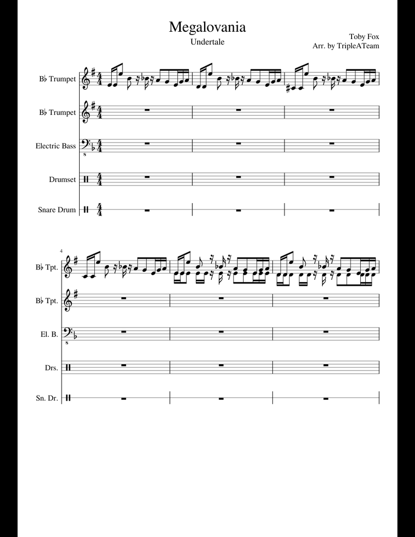 Megalovania sheet music for Trumpet, Bass, Percussion download free in PDF or MIDI