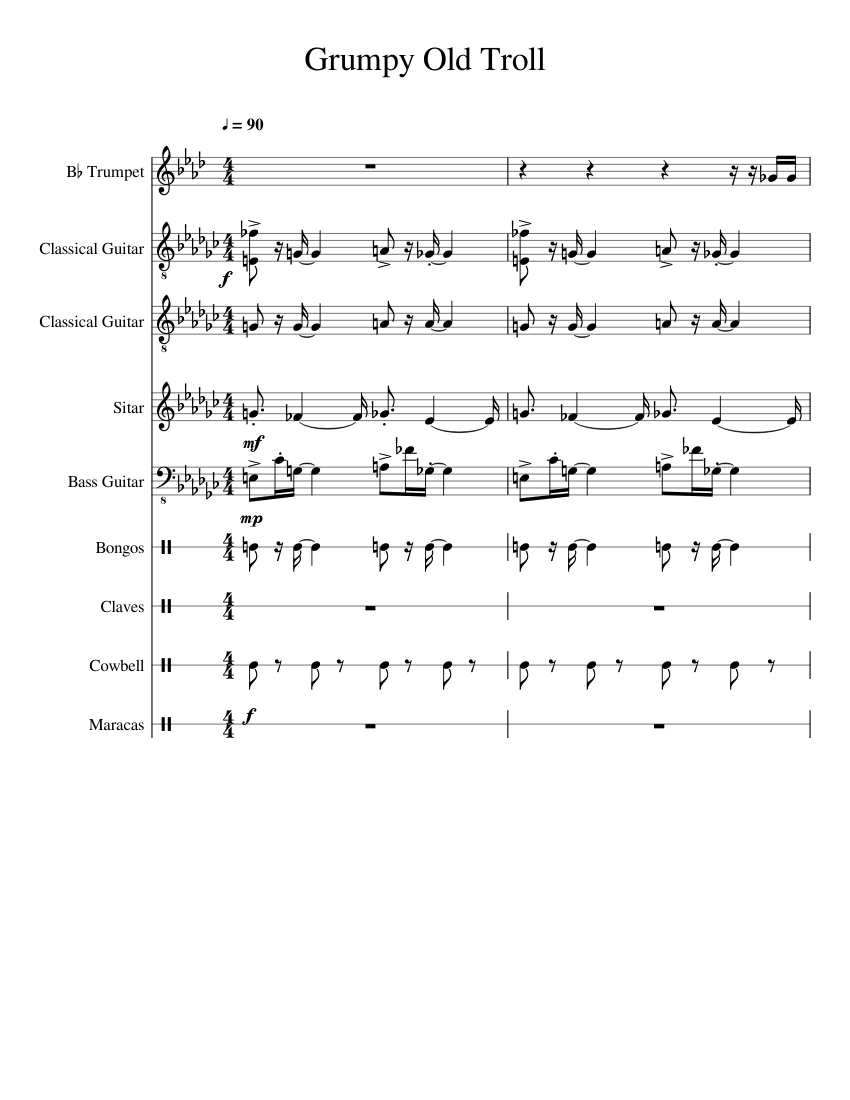 Grumpy Old Troll sheet music for Trumpet, Guitar, Bass, Percussion ...