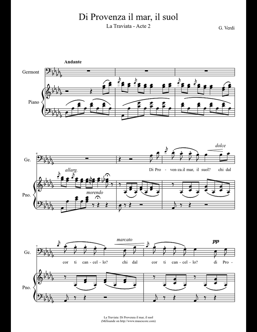 La Traviata - Di Provenza il mar, il suol sheet music for Piano download free in PDF or MIDI