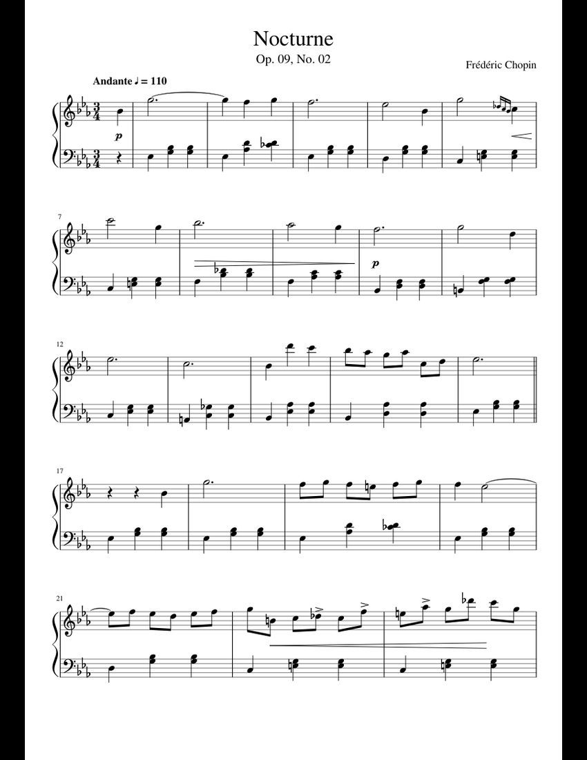 Nocturne in E-flat Major, Op. 9, No. 2 (Easy) sheet music for Piano download free in PDF or MIDI