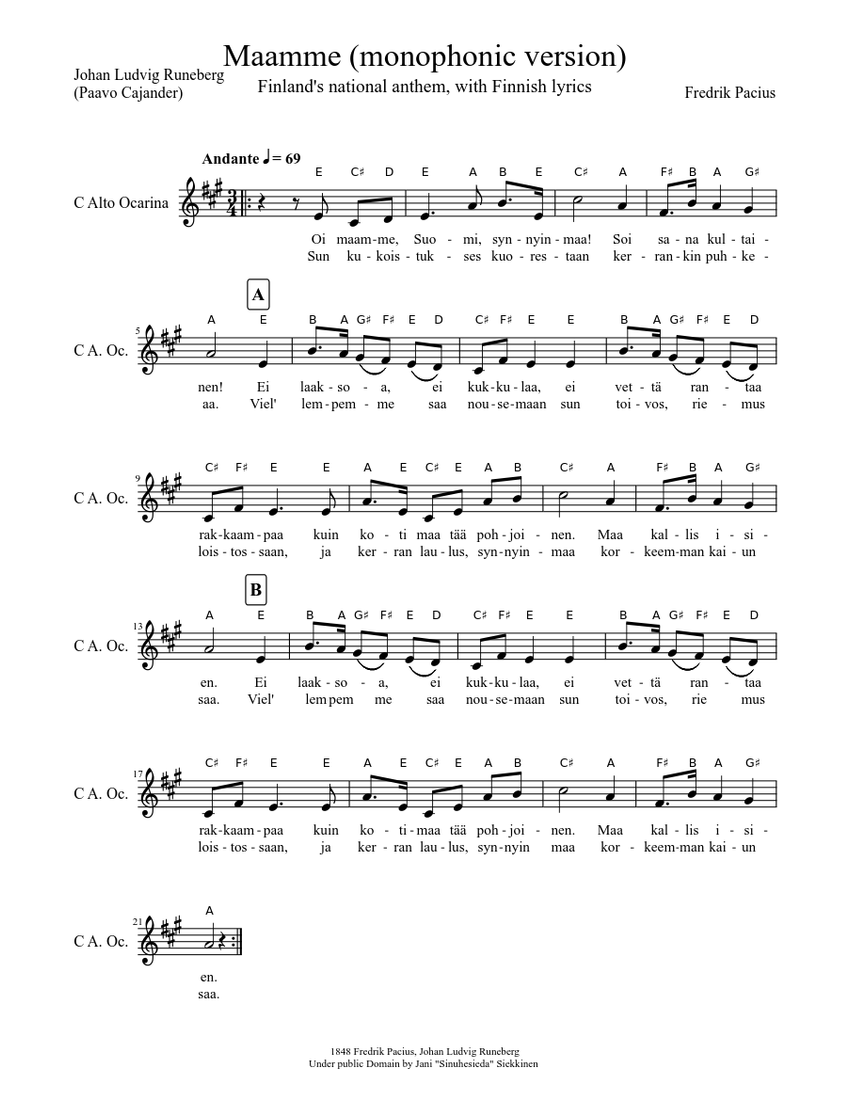 Maamme (Finland's national anthem)[monophonic version] Sheet music ...