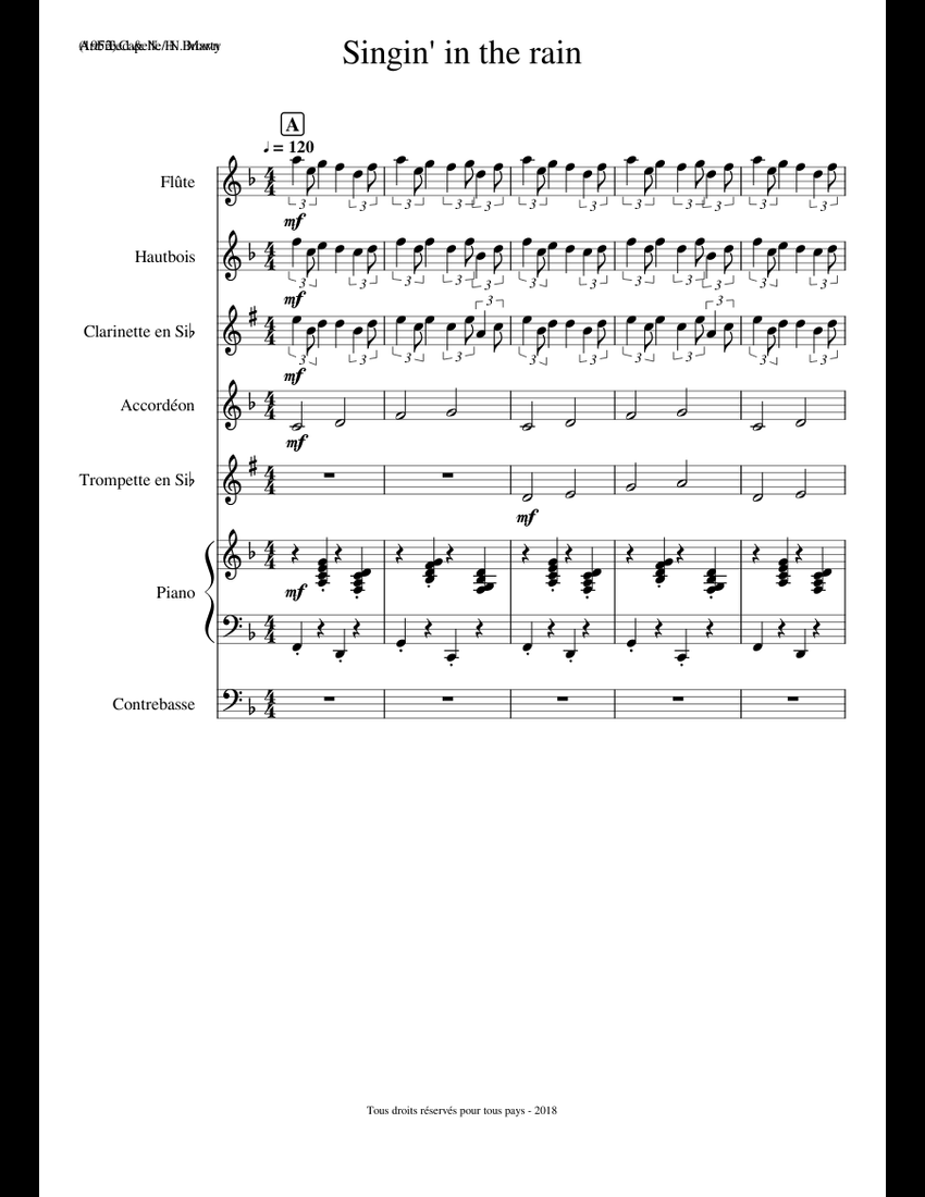 Singin' in the rain sheet music for Flute, Clarinet, Piano, Oboe ...