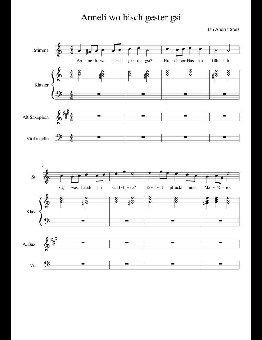 Anneli wo bisch gester gsi sheet music for Piano, Voice, Alto Saxophone ...