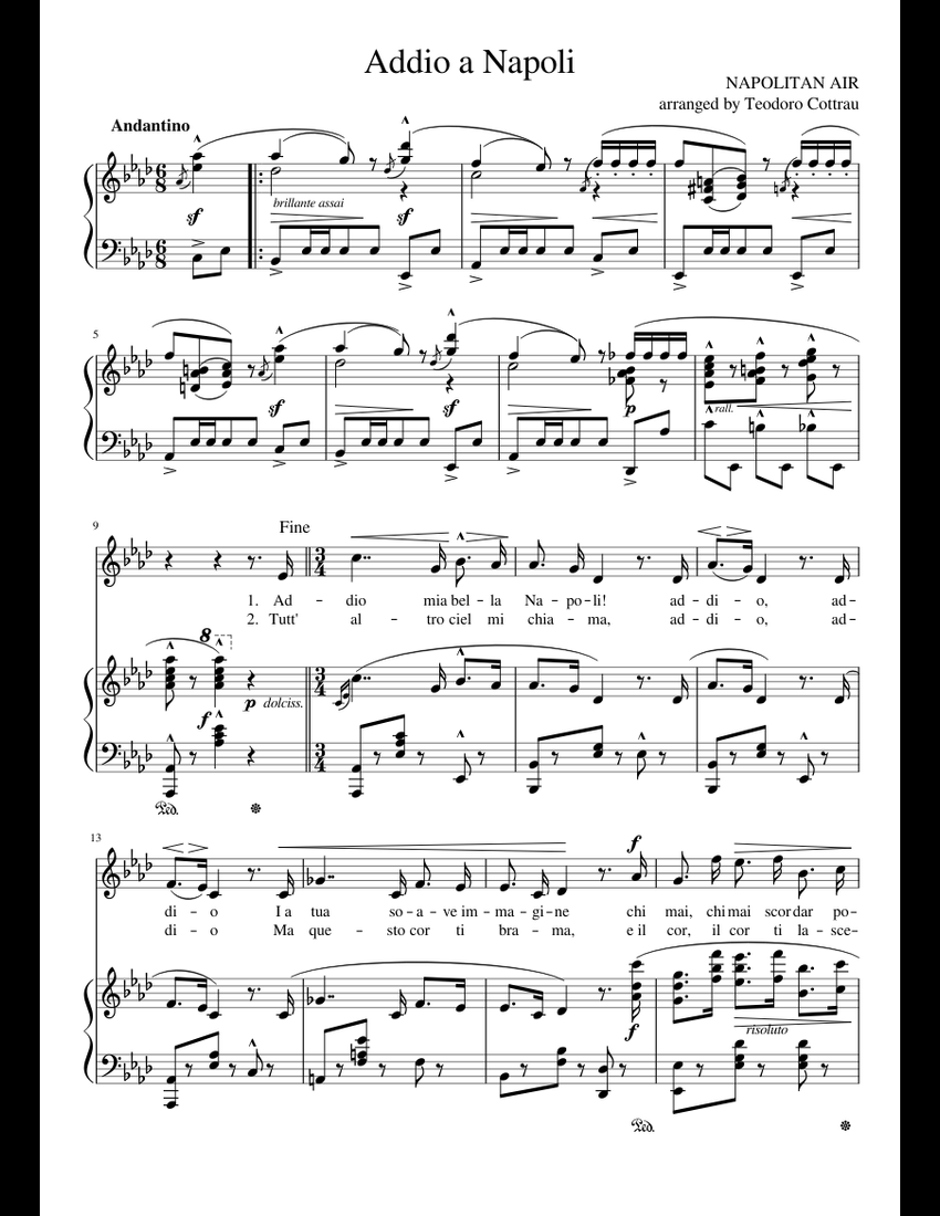 T Cottrau Addio a Napoli sheet music for Piano, Voice download free in ...