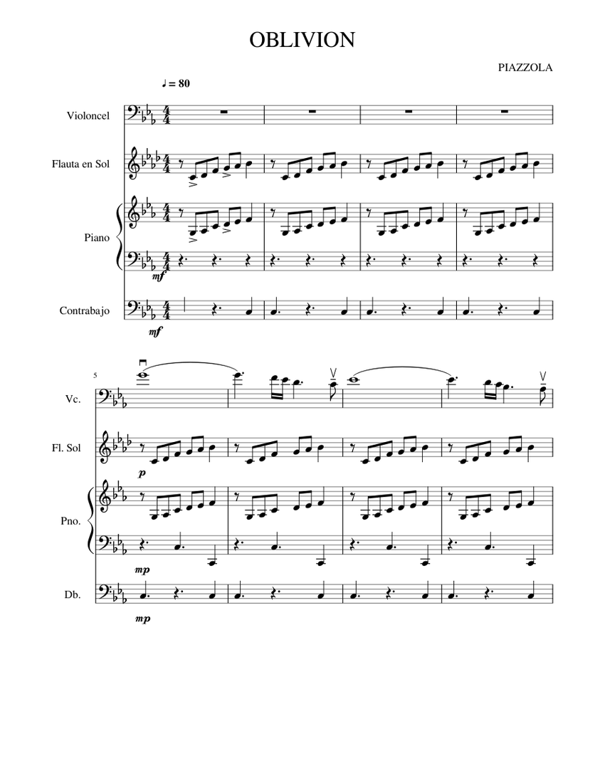 OBLIVION CELLO FLAUTA PIANO Sheet music for Piano, Cello, Piccolo, Strings | Download free in ...