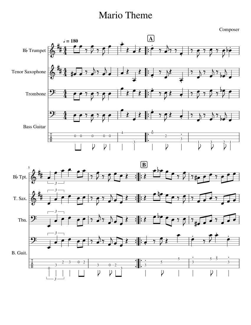 Mario Theme Sheet music for Trumpet (In B Flat), Trombone, Saxophone ...