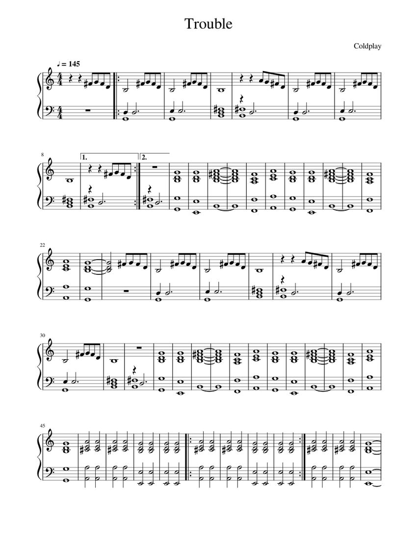 Trouble - Coldplay Sheet music for Piano | Download free in PDF or MIDI ...