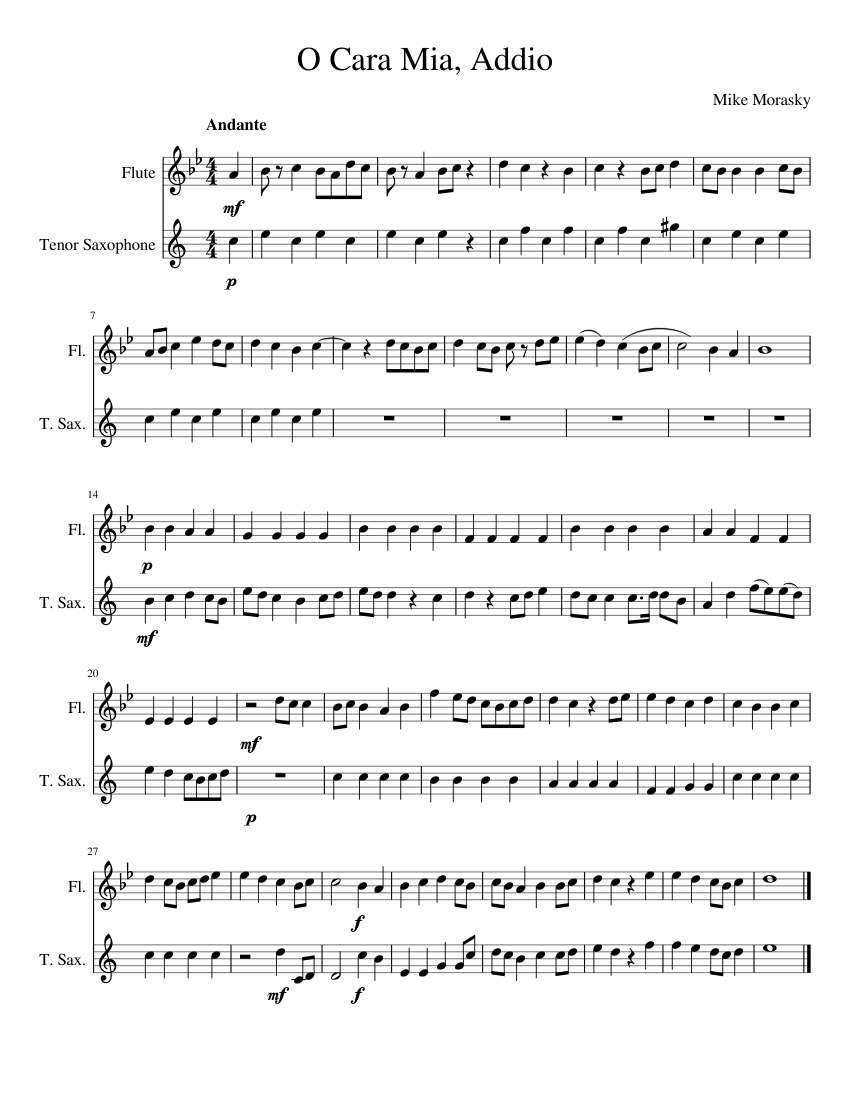 O Cara Mia Addio sheet music for Flute, Tenor Saxophone download free in PDF or MIDI