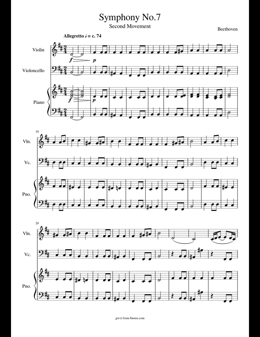 Symphony No.7 (2nd movement) sheet music for Violin, Piano, Cello download free in PDF or MIDI