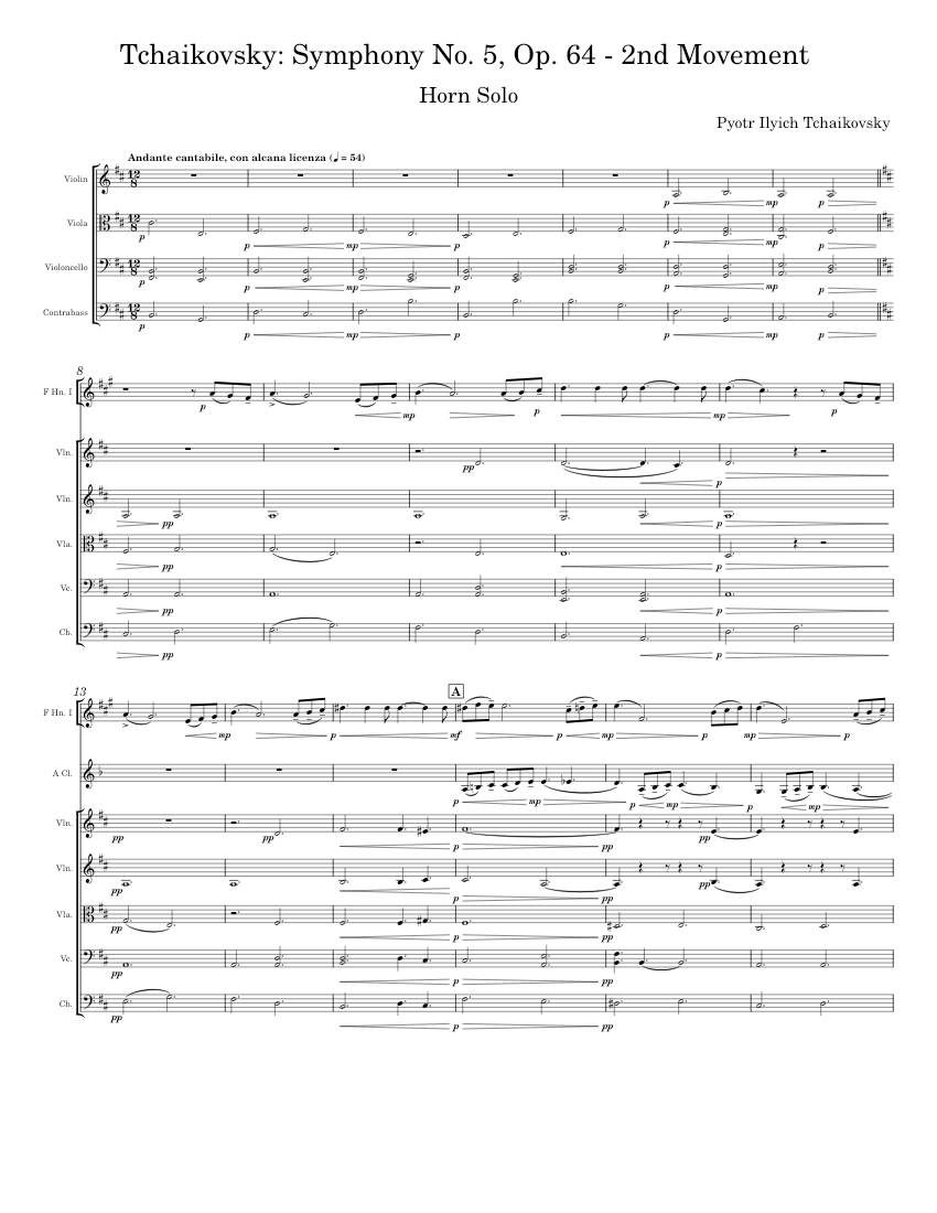Tchaikovsky Symphony No. 5 in E Minor, Op. 64 - 2nd Movement - Horn Solo Sheet music for Strings ...