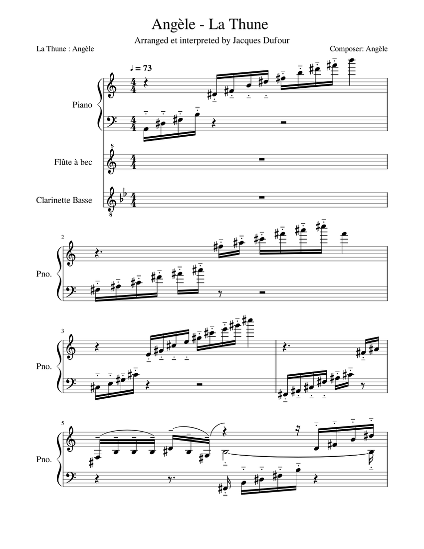 Angèle La Thune (avec les paroles) sheet music for Piano, Clarinet ...