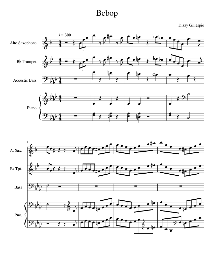 Bebop - Jazz Quartet Sheet music for Piano, Alto Saxophone, Trumpet ...