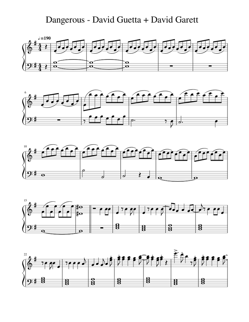 Dangerous - David Guetta + David Garett Sheet music for Piano (Solo ...
